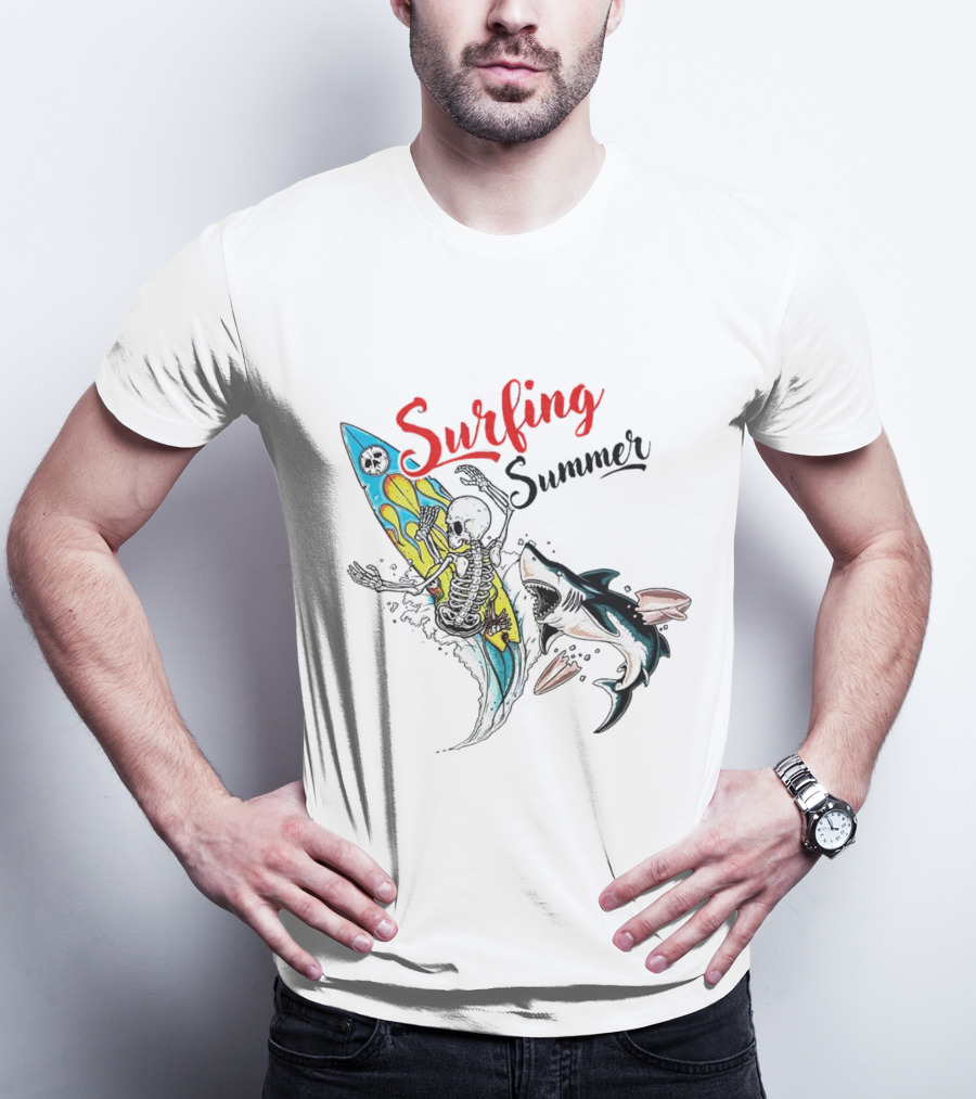 Surfing Summer Skeleton Battling Shark Adventure T-Shirt
