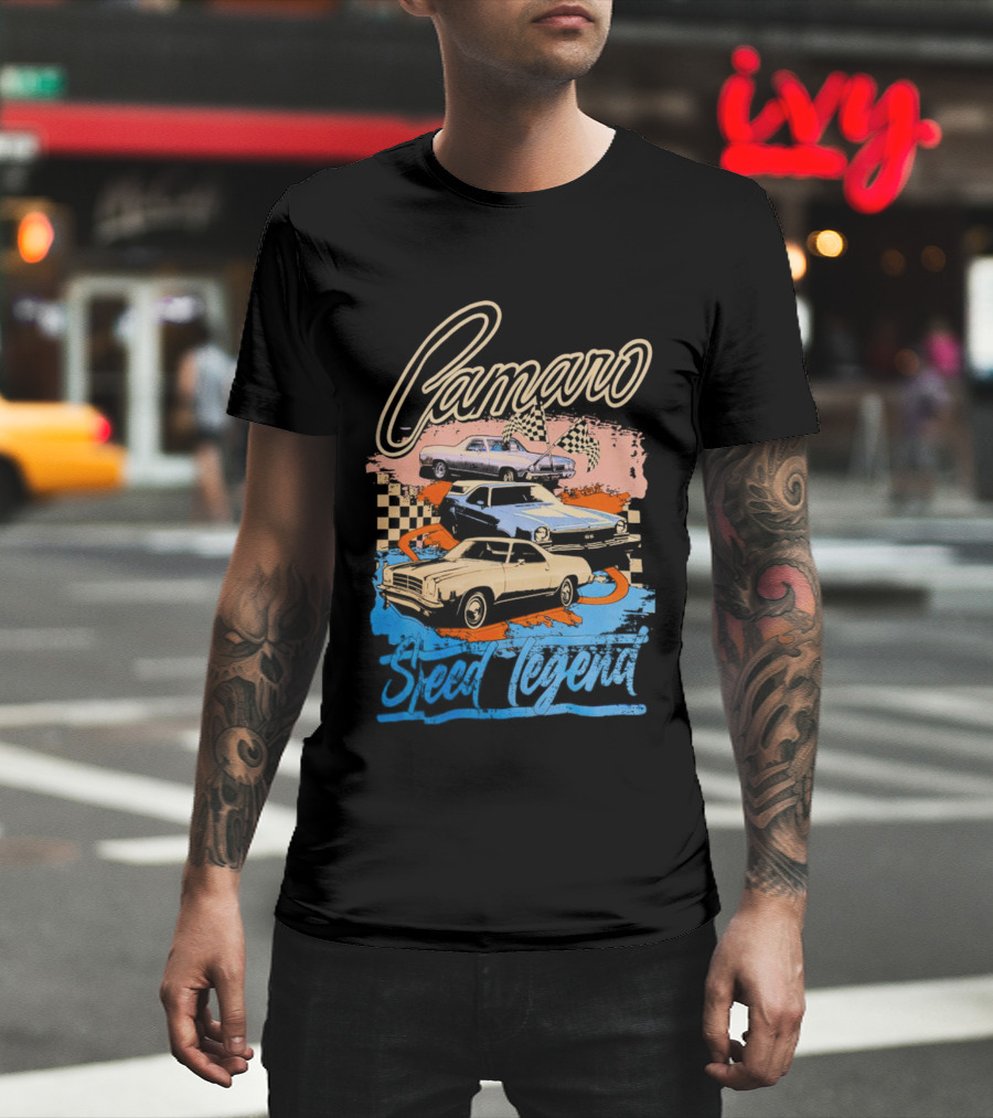 Camaro Speed Legend Vintage Racing Cars Checkered Flags T-Shirt