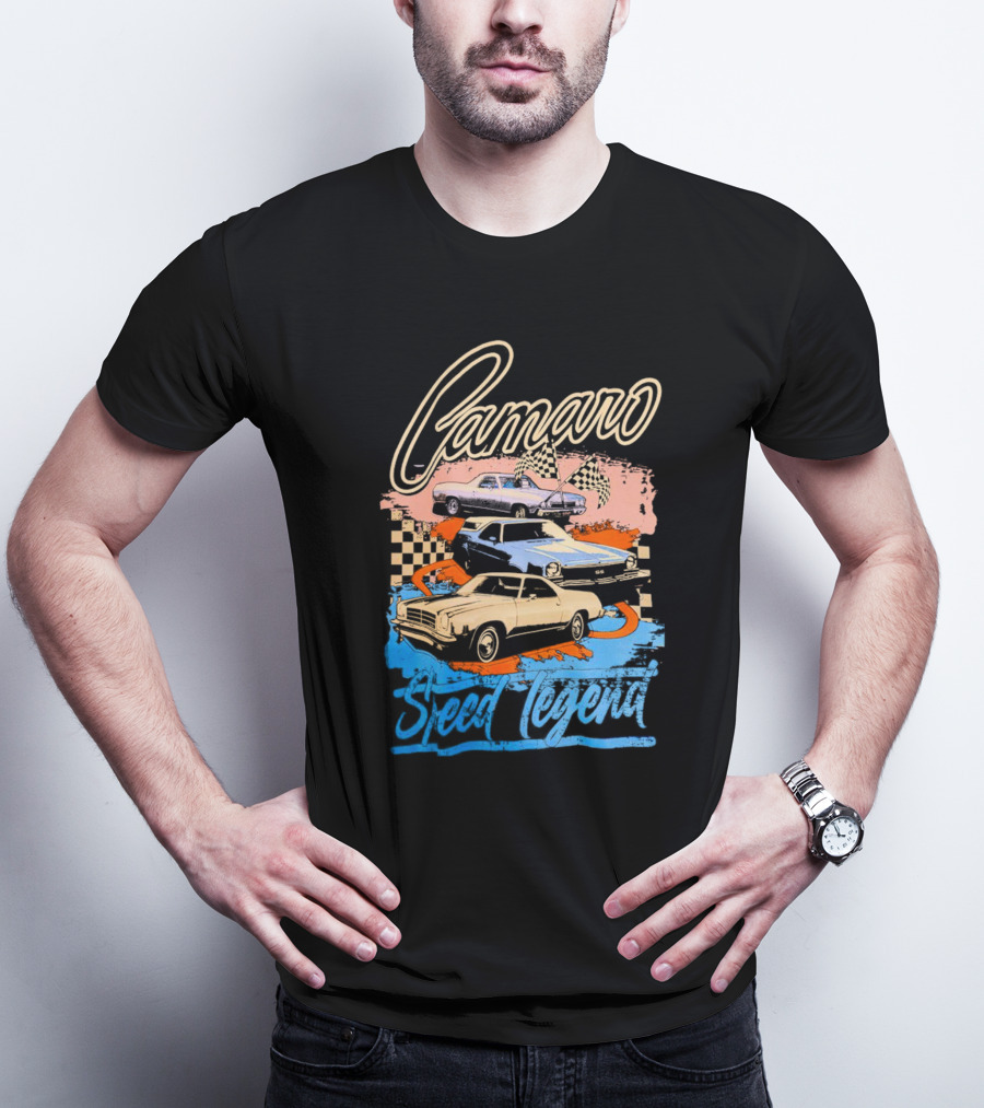 Camaro Speed Legend Vintage Racing Cars Checkered Flags T-Shirt