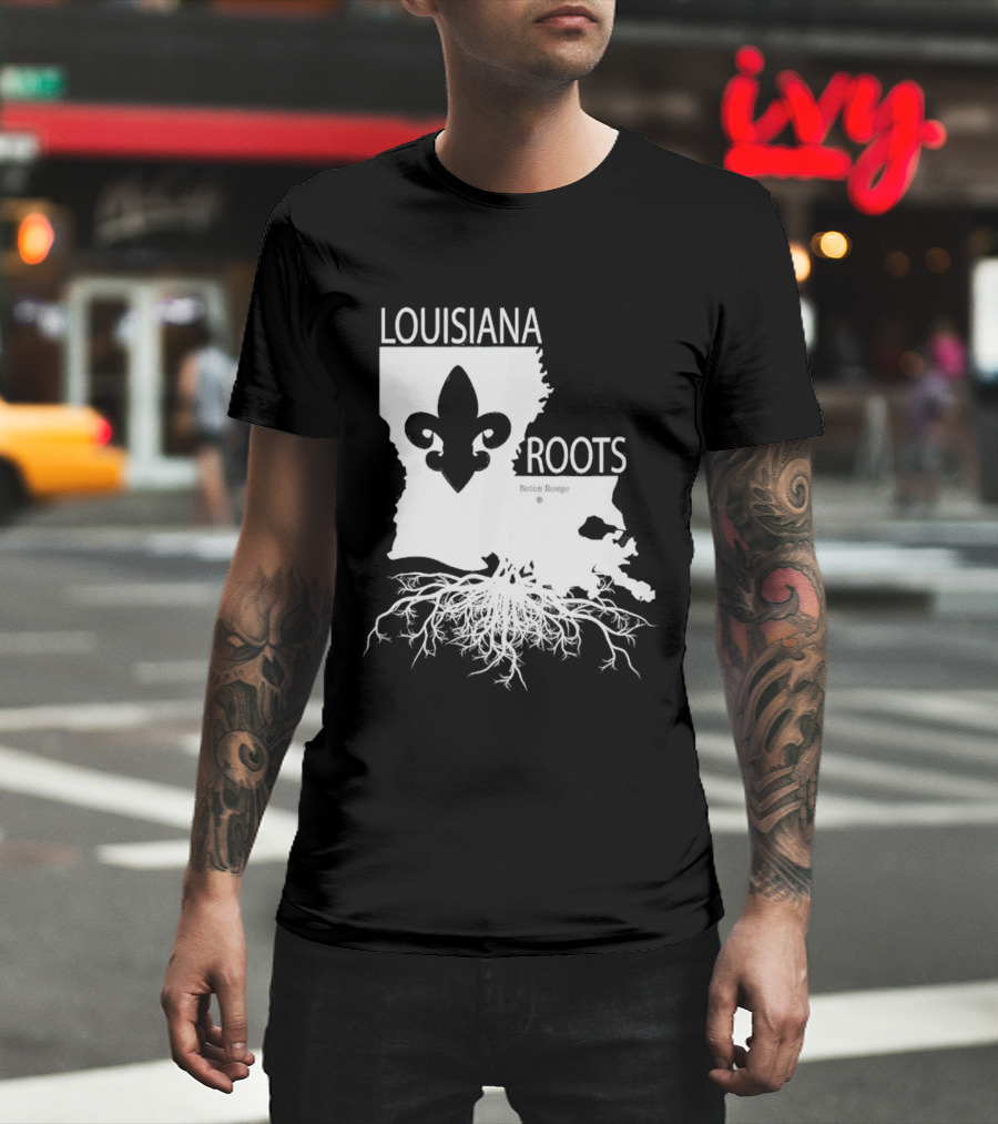 Louisiana Roots Baton Rouge Fleur-de-Lis Map And Roots T-Shirt