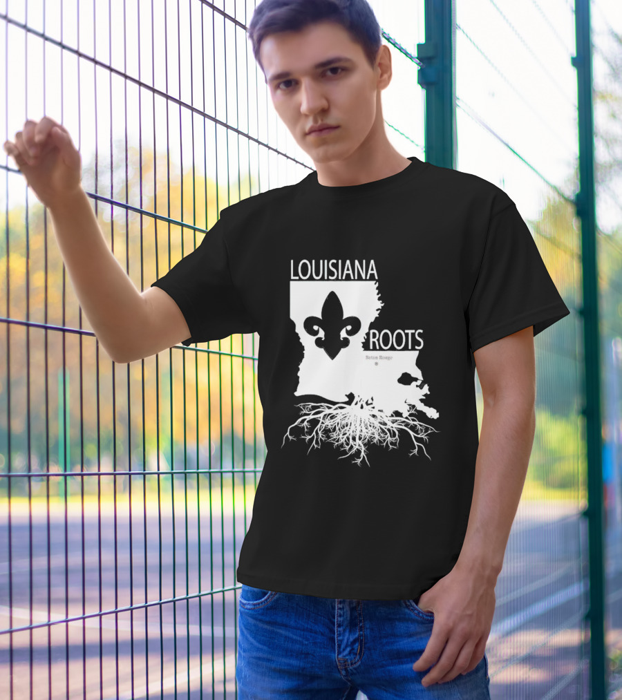 Louisiana Roots Baton Rouge Fleur-de-Lis Map And Roots T-Shirt