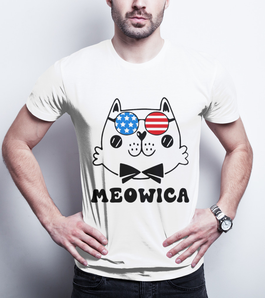 Meowica America Cat In Patriotic Star And Stripe Sunglasses T-Shirt