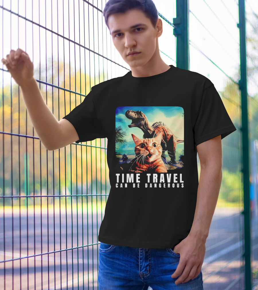 Time Travel Cat With Dinosaur Adventure Can Be Dangerous T-Shirt