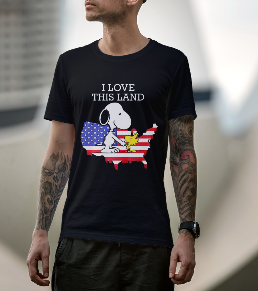 Snoopy Woodstock I Love This Land American Flag USA Map T-Shirt