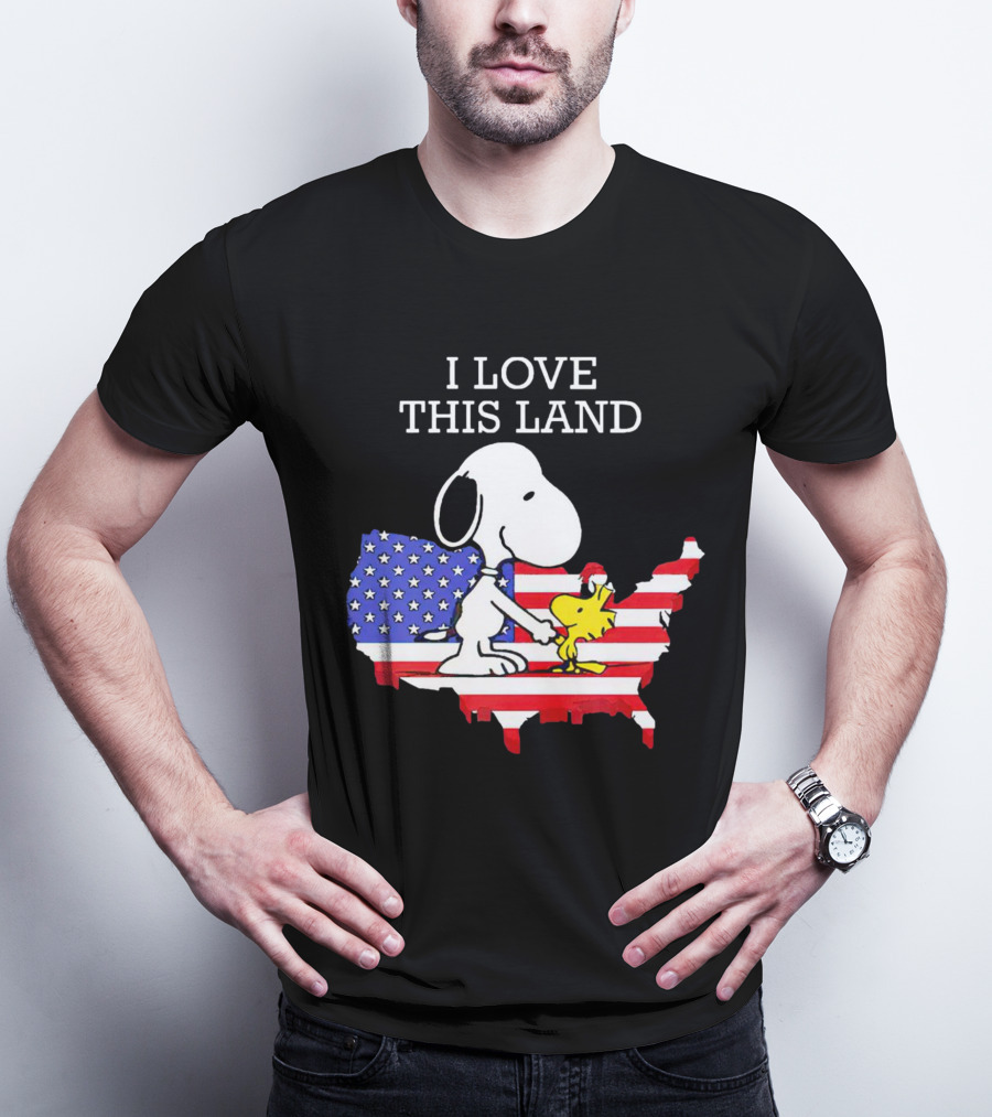 Snoopy Woodstock I Love This Land American Flag USA Map T-Shirt