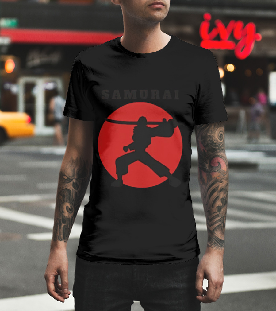 Samurai Silhouette With Red Sun Background T-Shirt