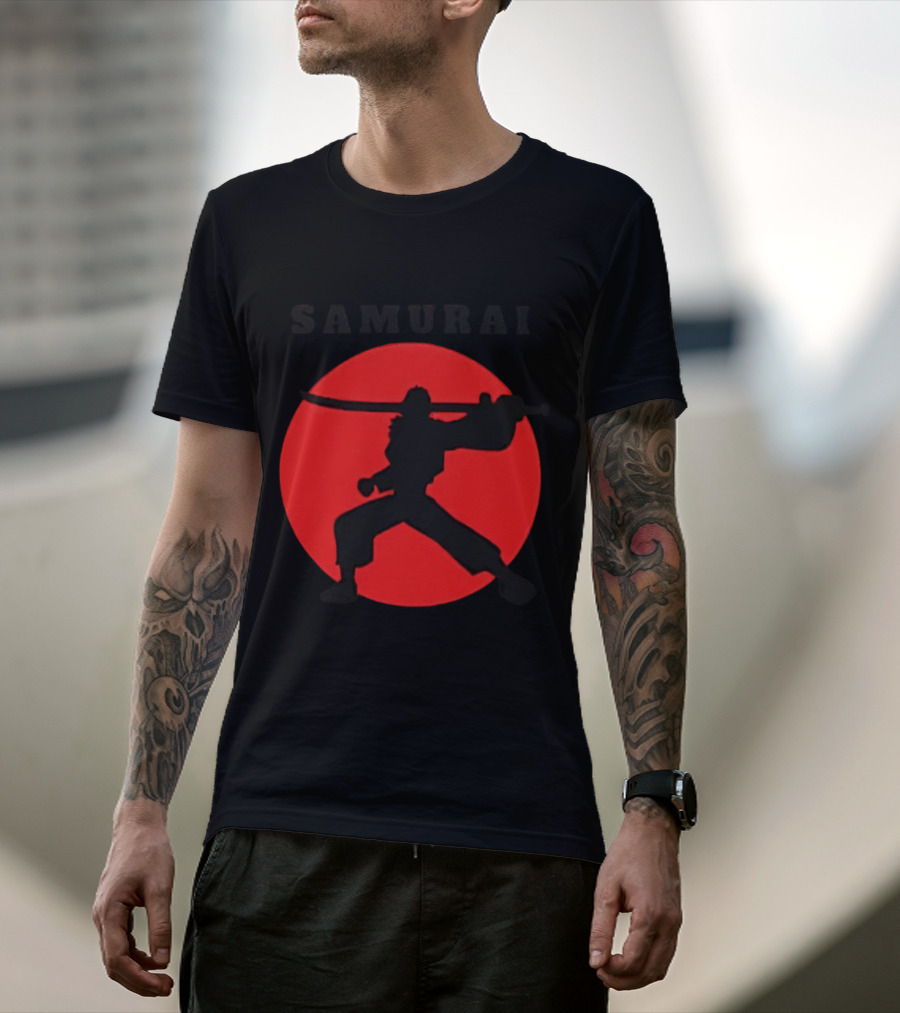 Samurai Silhouette With Red Sun Background T-Shirt