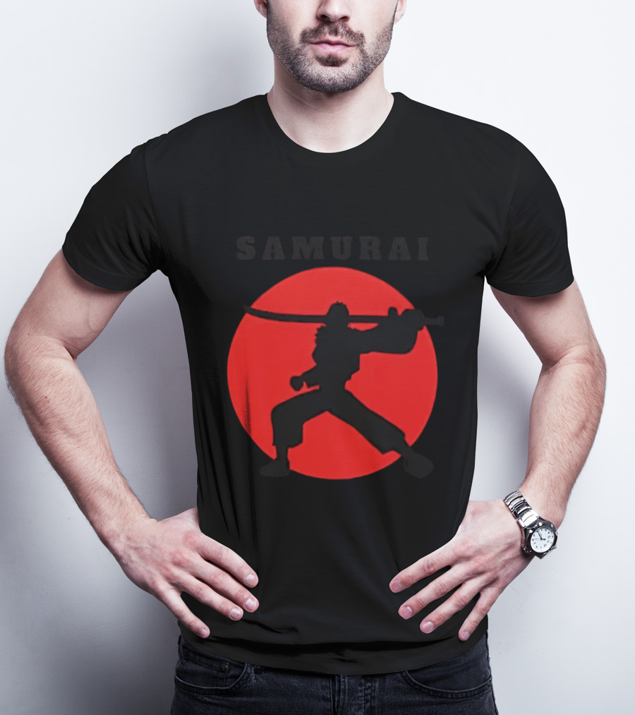 Samurai Silhouette With Red Sun Background T-Shirt