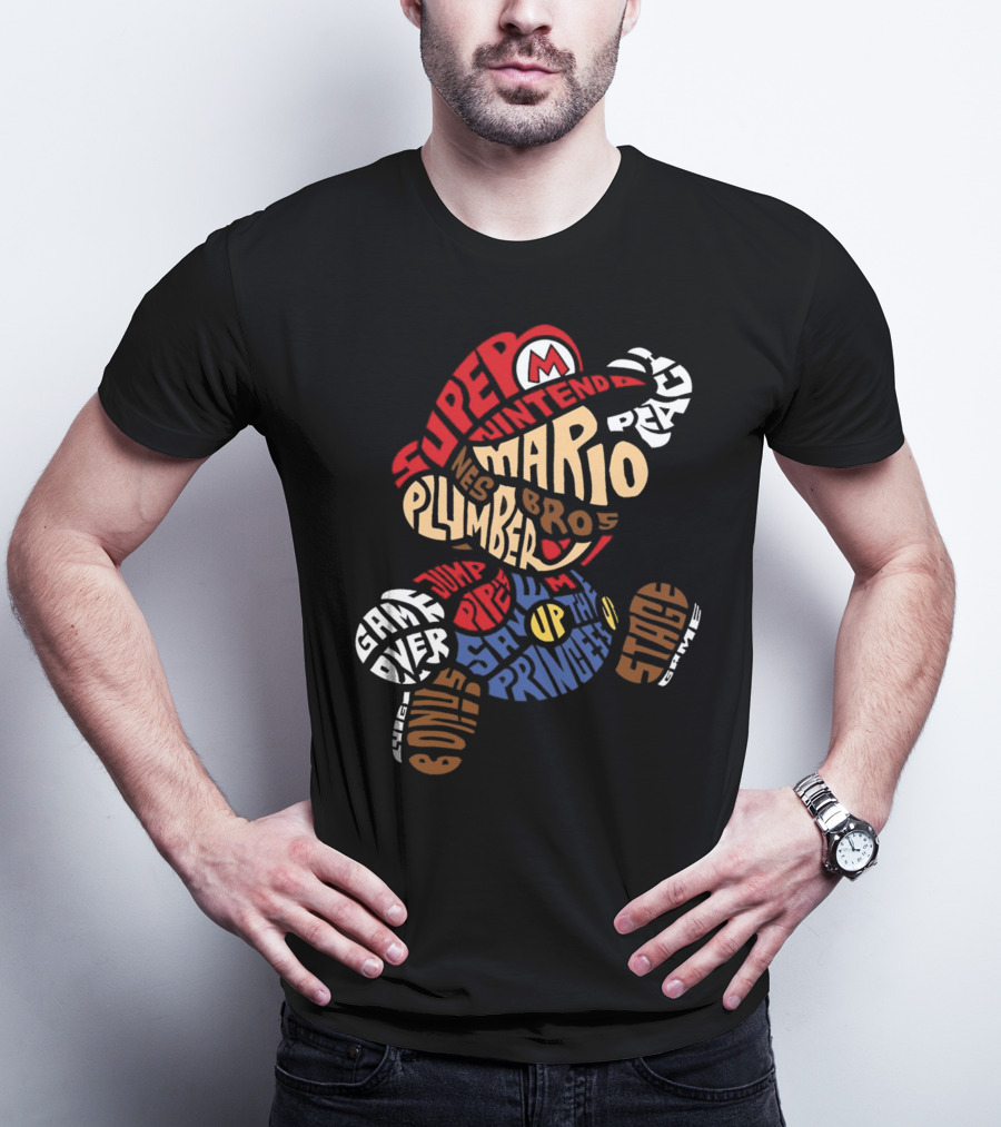 Super Nintendo Mario Bros Plumber Jump Stage Game Typography T-Shirt