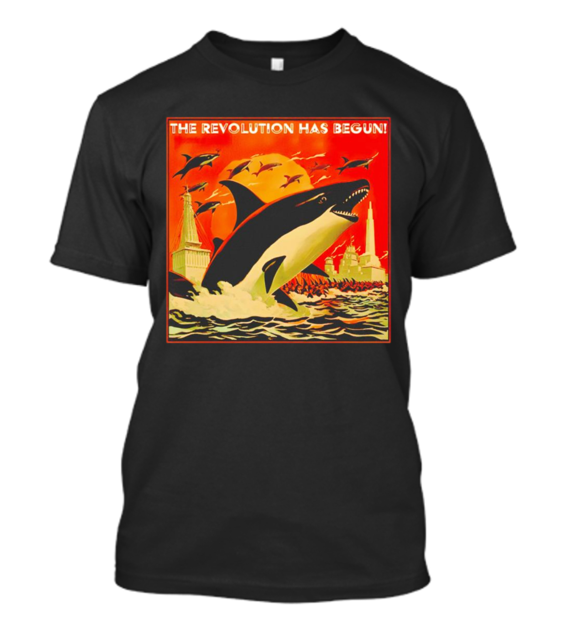 The Revolution Has Begun Orca Tower Attack With Jumping Killer Whales And Red Sky T-Shirt