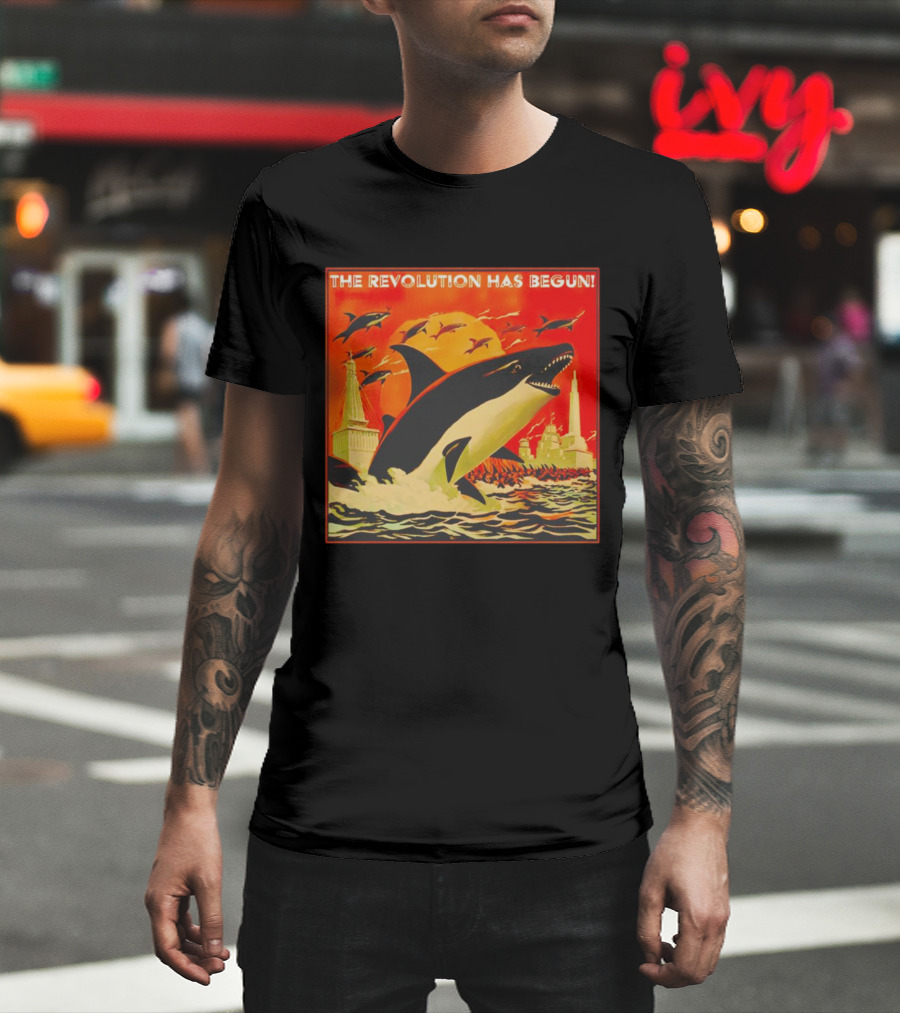 The Revolution Has Begun Orca Tower Attack With Jumping Killer Whales And Red Sky T-Shirt
