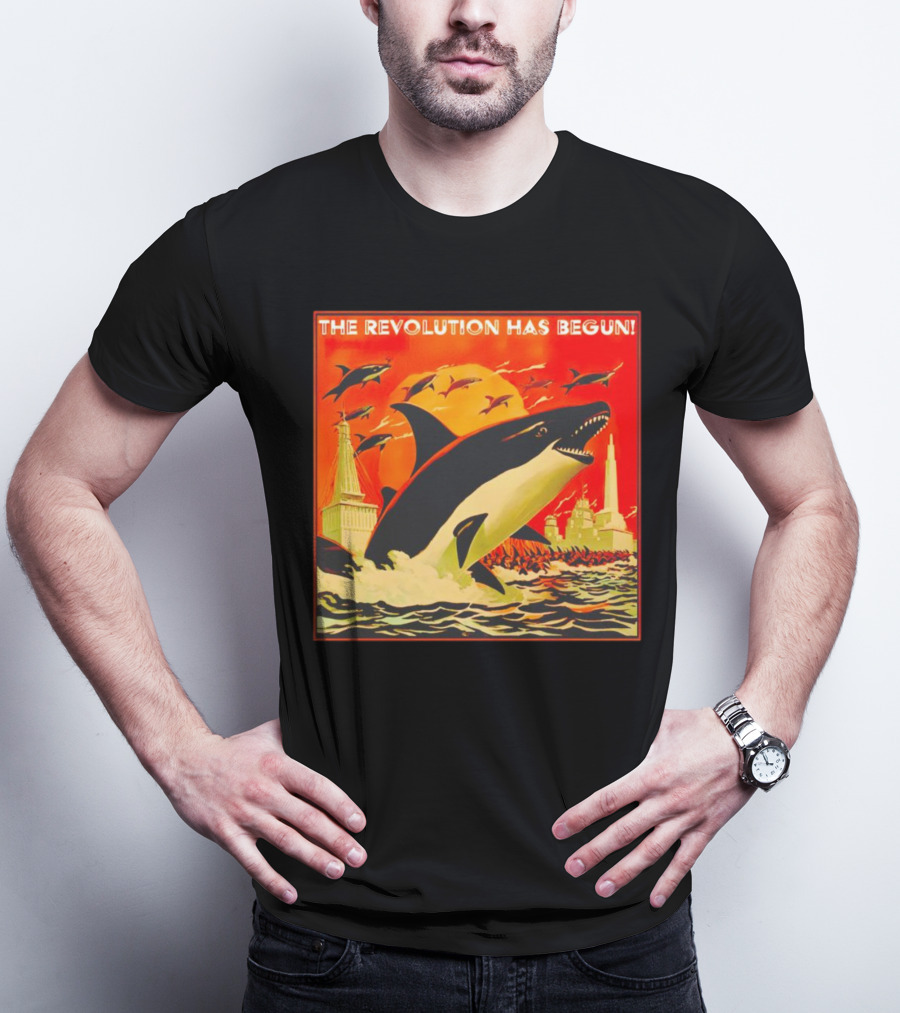 The Revolution Has Begun Orca Tower Attack With Jumping Killer Whales And Red Sky T-Shirt