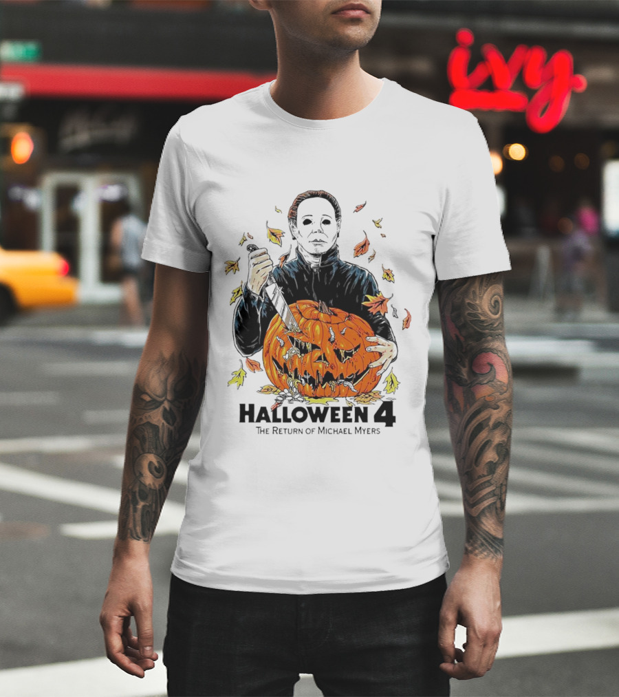 Halloween 4 The Return Of Michael Myers Knife-Wielding Michael With Carved Pumpkin And Autumn Leaves T-Shirt