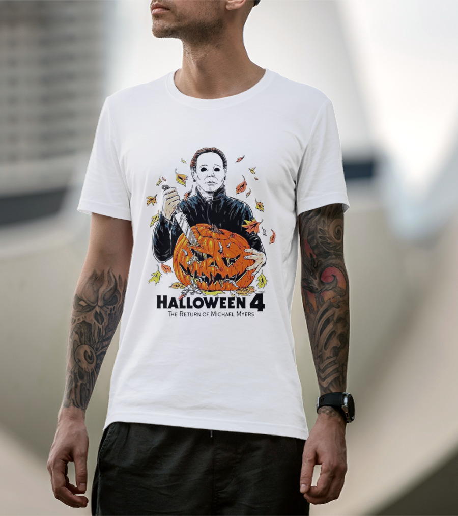 Halloween 4 The Return Of Michael Myers Knife-Wielding Michael With Carved Pumpkin And Autumn Leaves T-Shirt