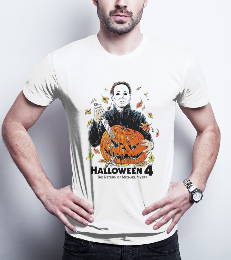 Halloween 4 The Return Of Michael Myers Knife-Wielding Michael With Carved Pumpkin And Autumn Leaves T-Shirt