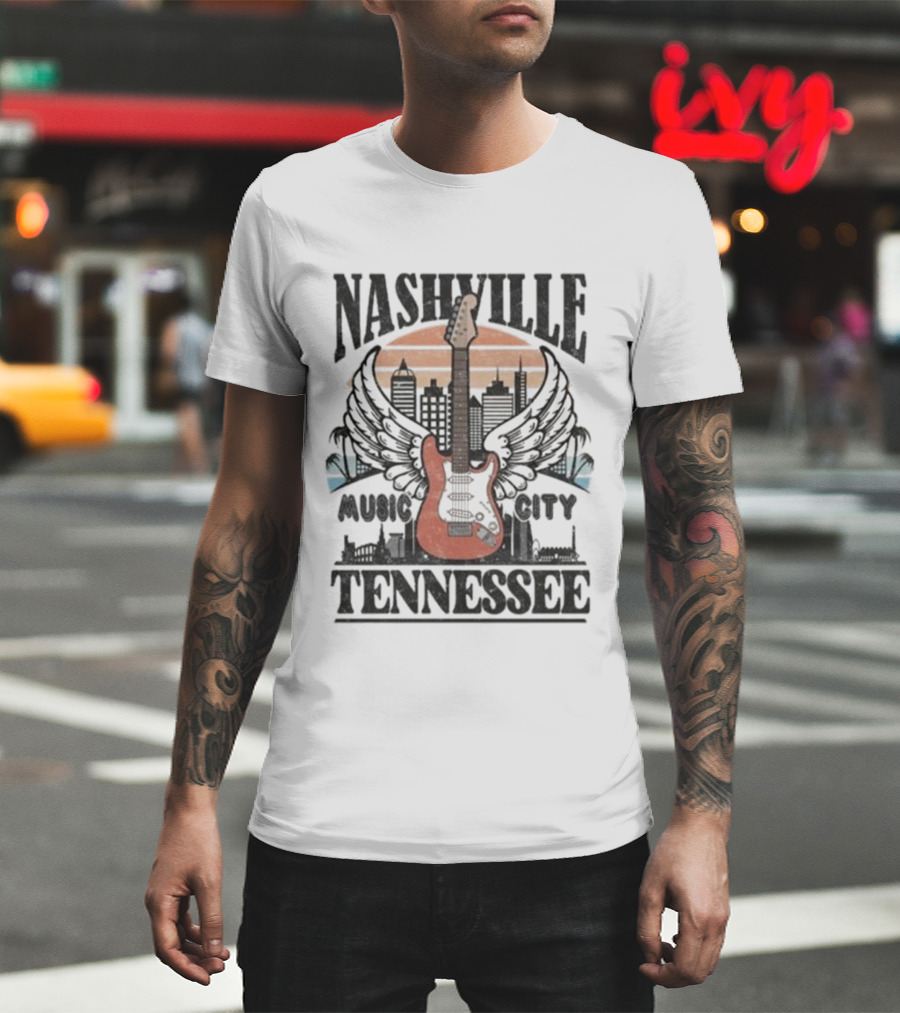 Nashville Tennessee Music City Electric Guitar Skyline Wings T-Shirt