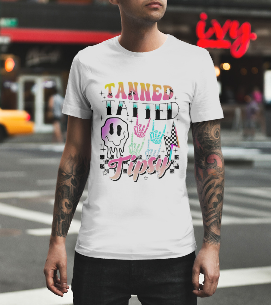 Tanned Tatted Tipsy Colorful Skeleton Hands Melting Smiley T-Shirt