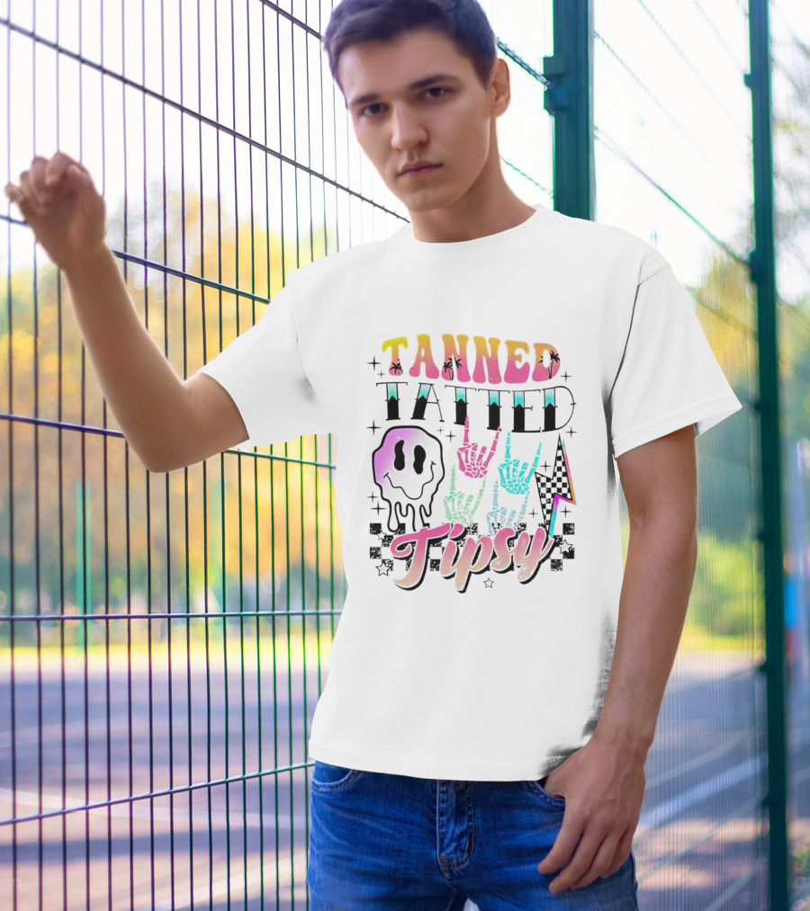 Tanned Tatted Tipsy Colorful Skeleton Hands Melting Smiley T-Shirt