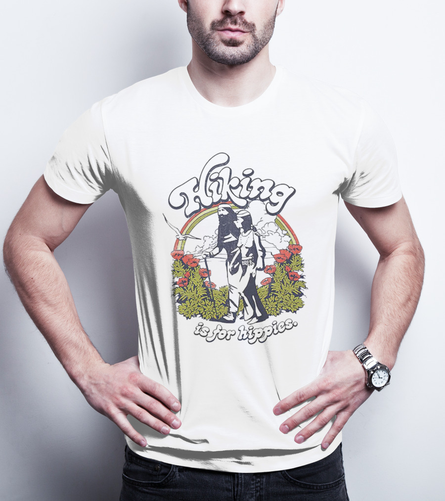 Hiking Is For Hippies Vintage Floral Rainbow Scene T-Shirt