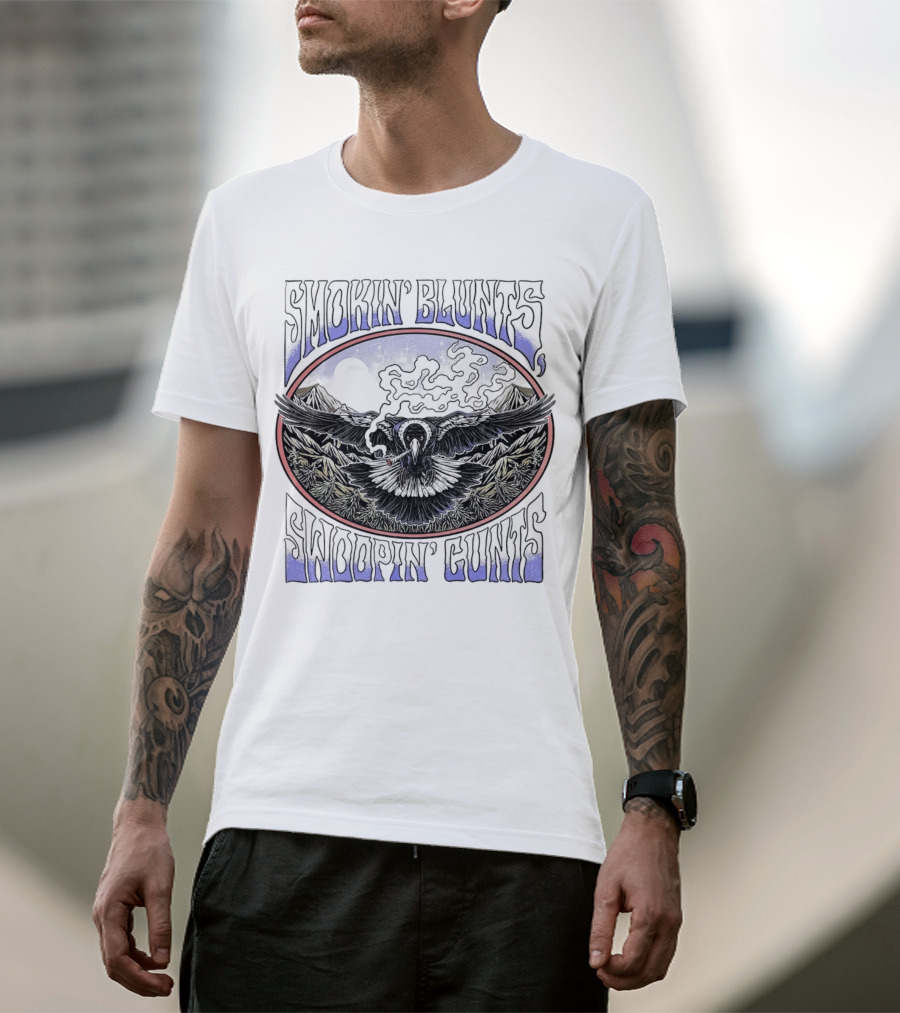 Smokin’ Blunts Swoopin’ Gunts Raven With Smoky Mountains And Clouds T-Shirt