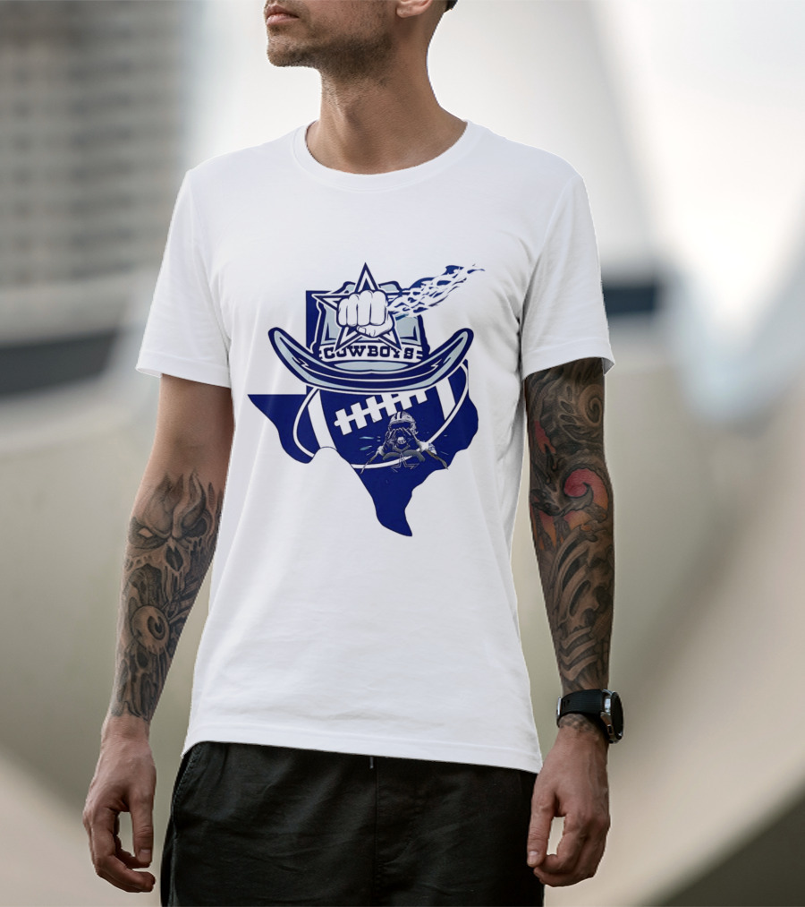 Texas Cowboys Star Hat Fist Football Map T-Shirt