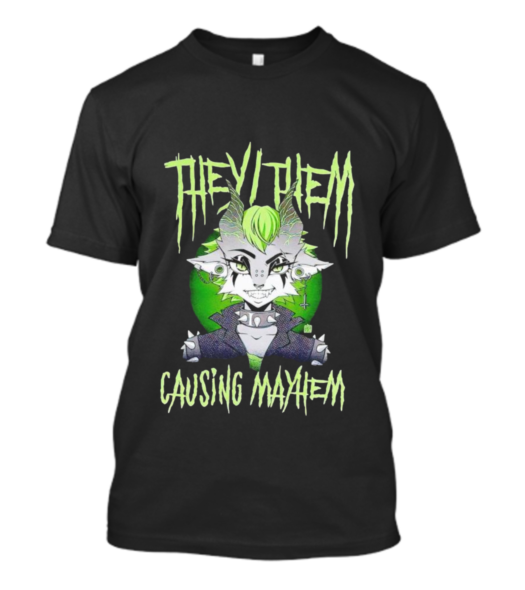 They Them Causing Mayhem Punk Monster Character With Green Hair And Spikes T-Shirt