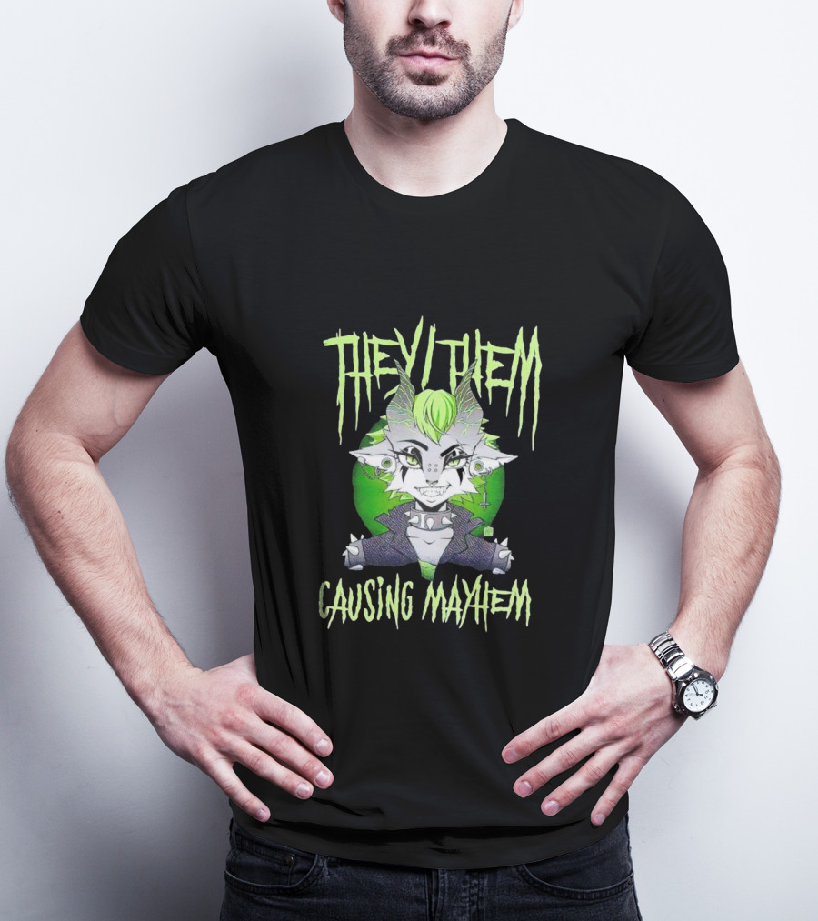 They Them Causing Mayhem Punk Monster Character With Green Hair And Spikes T-Shirt