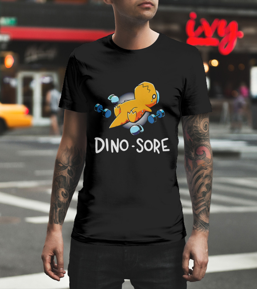 Elspeth Eastman Dino Sore Cute Tired Dinosaur With Weights T-Shirt