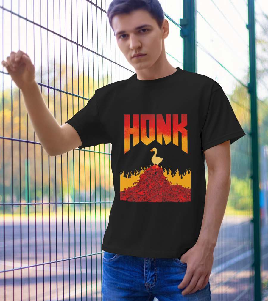 Honk Goose On Fiery Doom Inspired Mountain T-Shirt