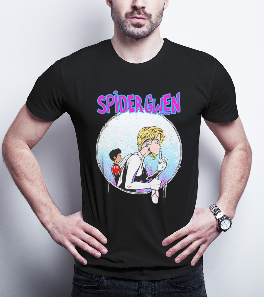 Spider-Gwen Silence Gesture With Spider Emblem Background T-Shirt
