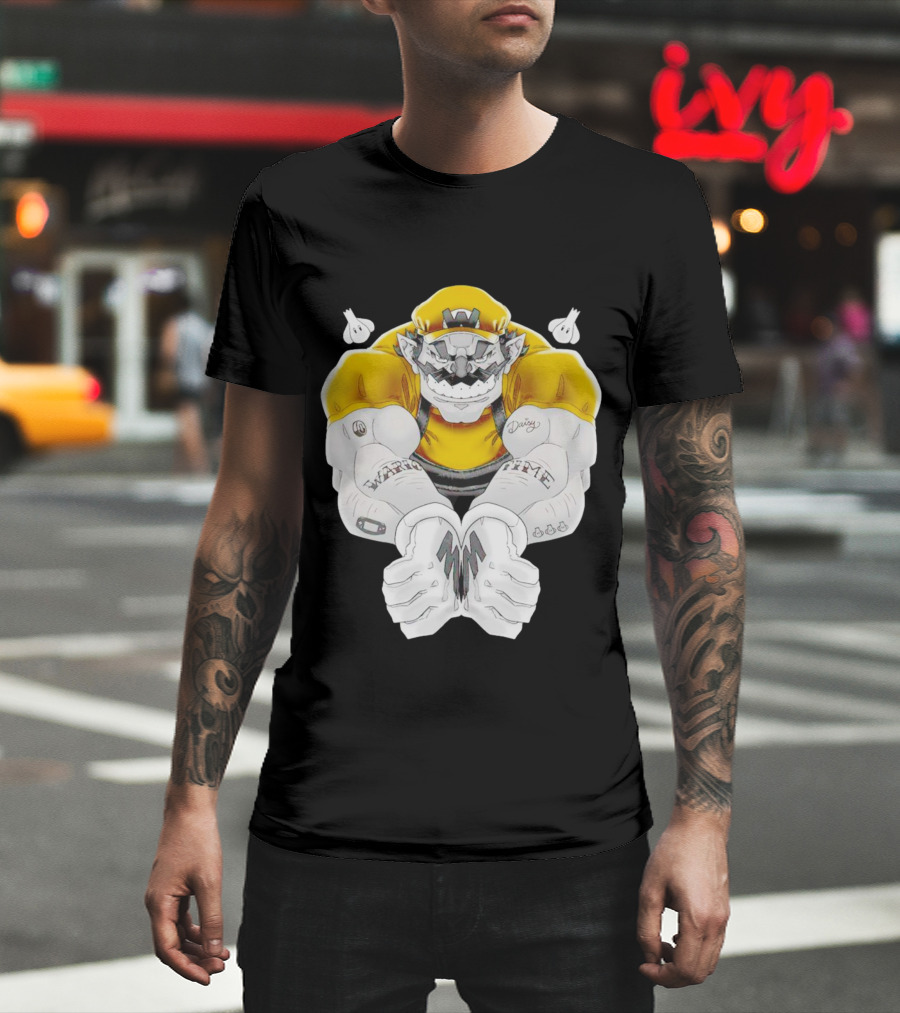 Wario Time Mario Daisy Tattoo With Yellow Cap And Muscle Pose T-Shirt