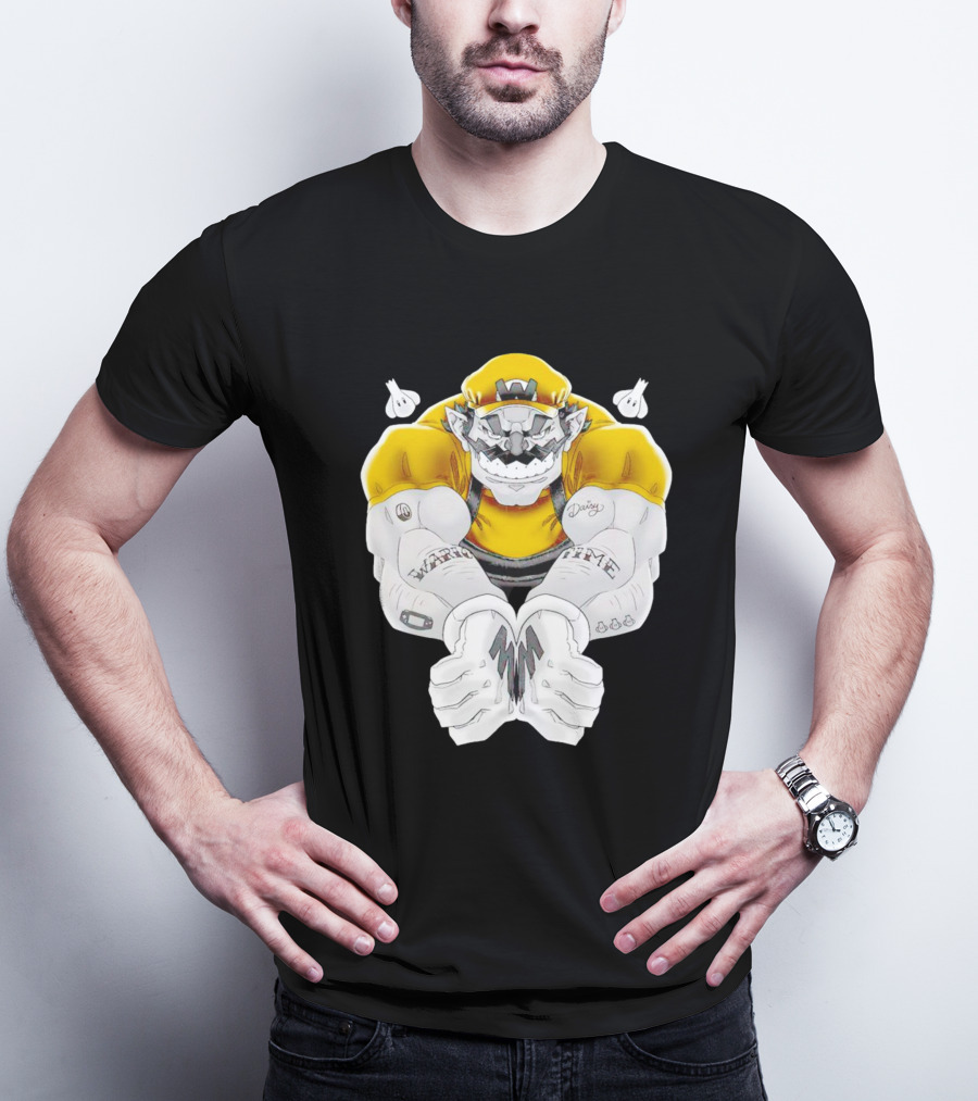 Wario Time Mario Daisy Tattoo With Yellow Cap And Muscle Pose T-Shirt
