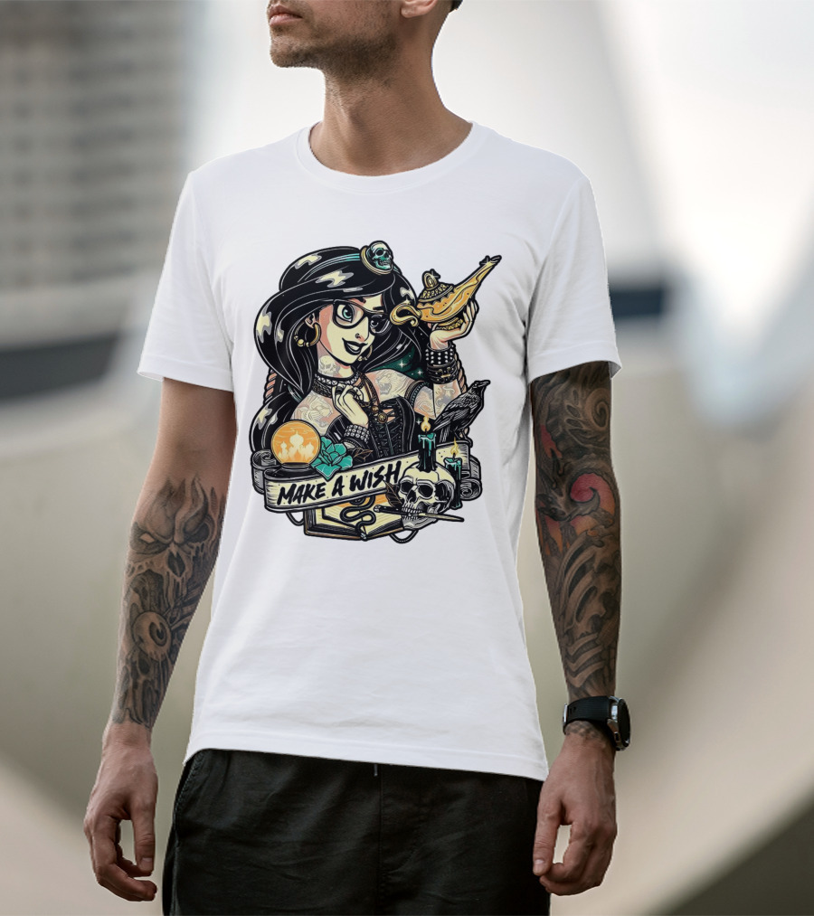 Jasmine Princess Aladdin Make A Wish Tattoo Style With Skull And Lamp T-Shirt