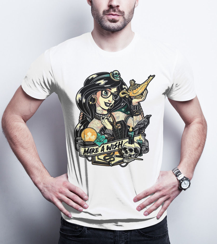 Jasmine Princess Aladdin Make A Wish Tattoo Style With Skull And Lamp T-Shirt