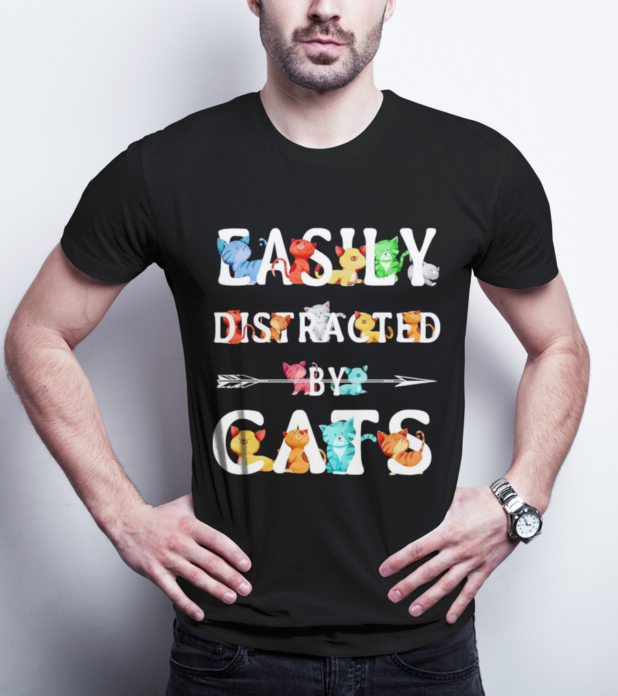 Easily Distracted By Cats Colorful Cartoon Kittens T-Shirt