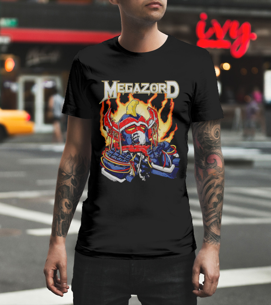 Megazord Power Rangers Mighty Morphin Flaming Robot Head T-Shirt