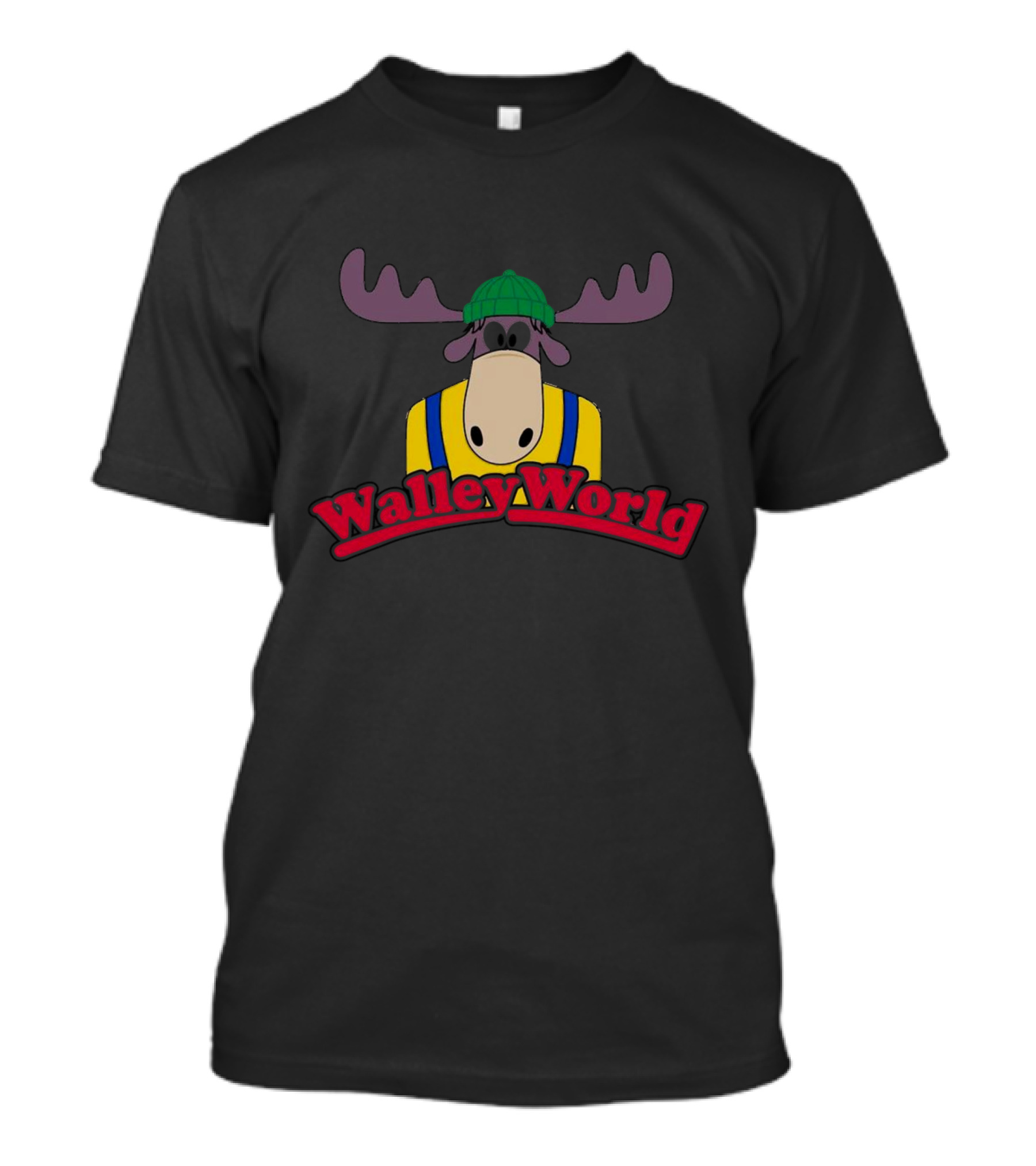 Walley World Moose Cartoon Character In Green Hat And Yellow T-Shirt