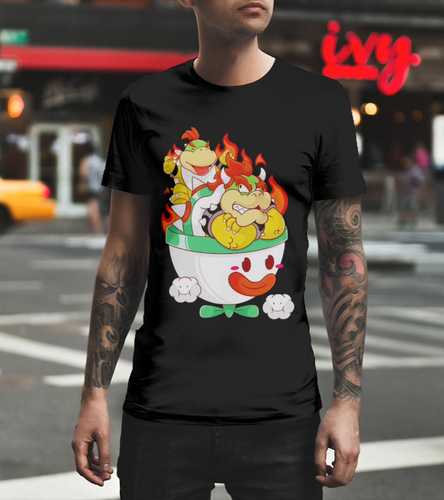 Bowser And Bowser Jr. Father And Son In Clown Car With Flames T-Shirt