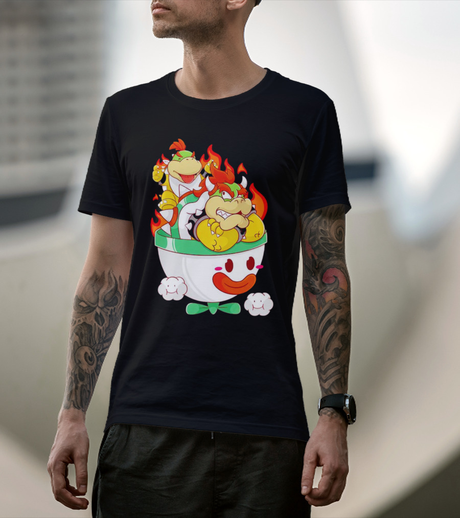 Bowser And Bowser Jr. Father And Son In Clown Car With Flames T-Shirt