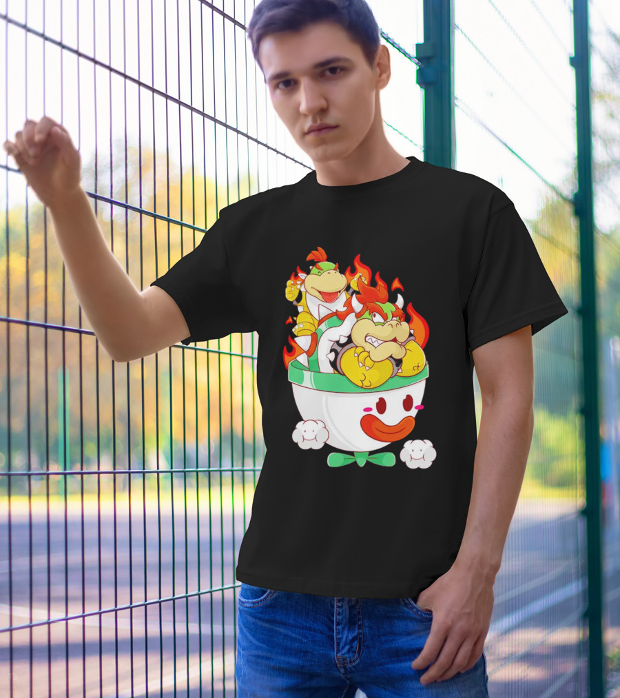Bowser And Bowser Jr. Father And Son In Clown Car With Flames T-Shirt