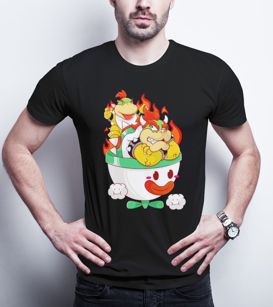 Bowser And Bowser Jr. Father And Son In Clown Car With Flames T-Shirt