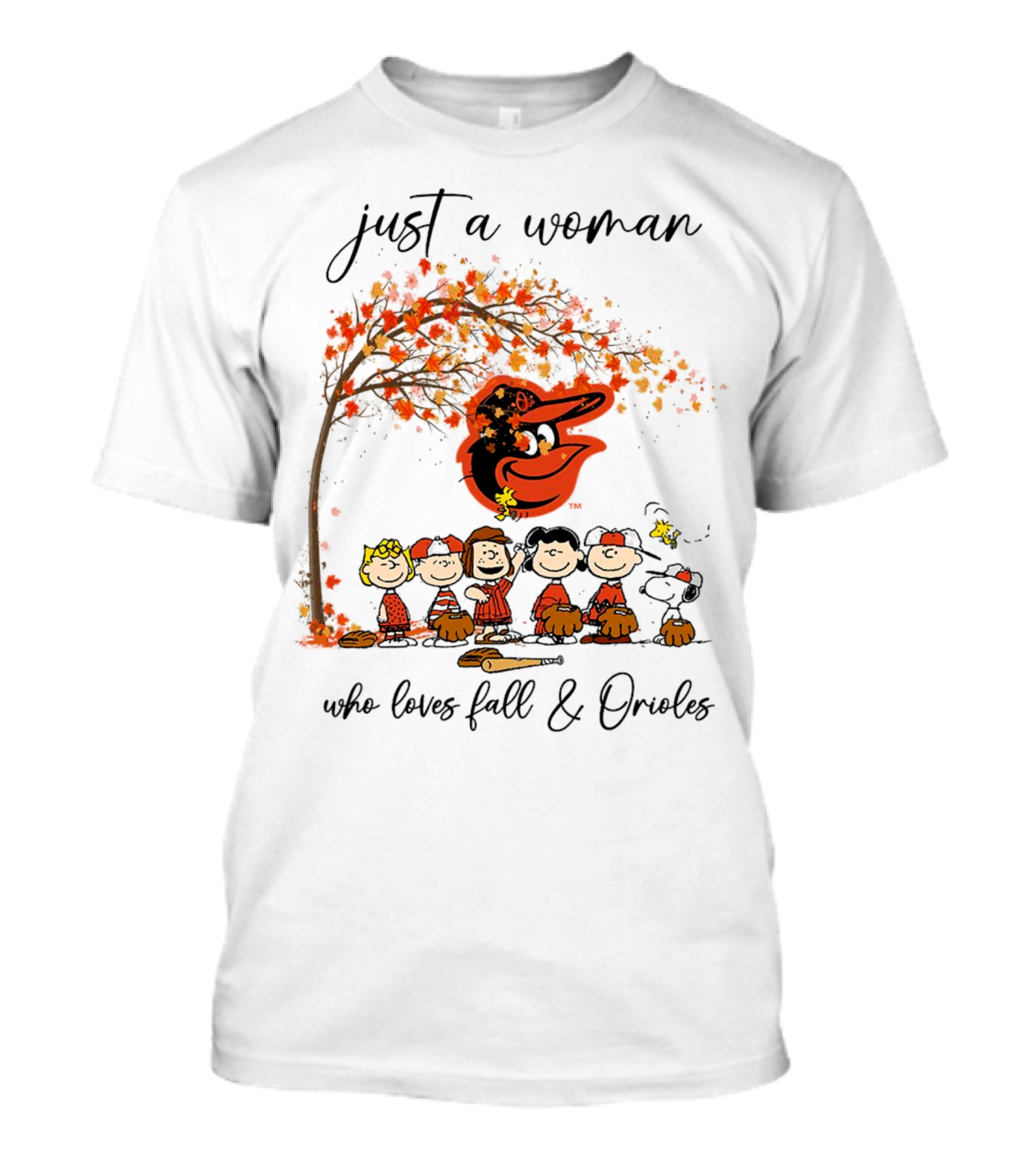 Just A Woman Who Loves Fall And Orioles Peanuts Football Thanksgiving T-Shirt