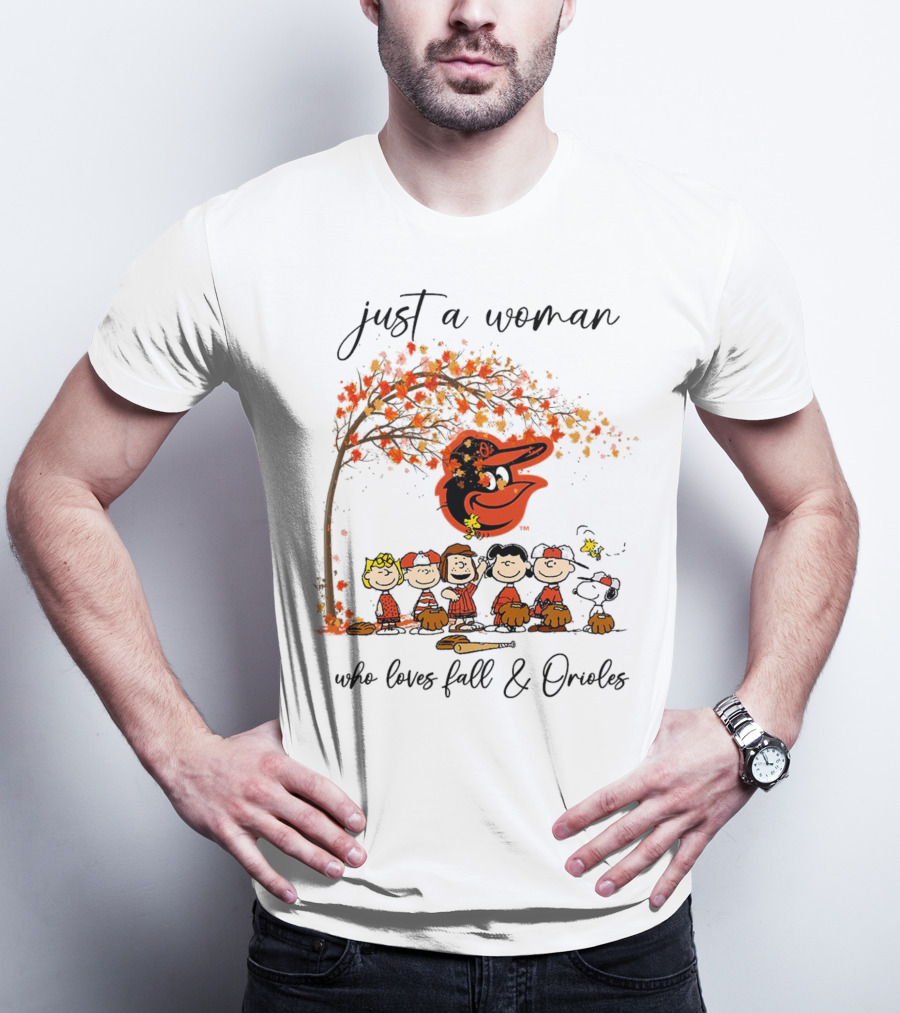 Just A Woman Who Loves Fall And Orioles Peanuts Football Thanksgiving T-Shirt