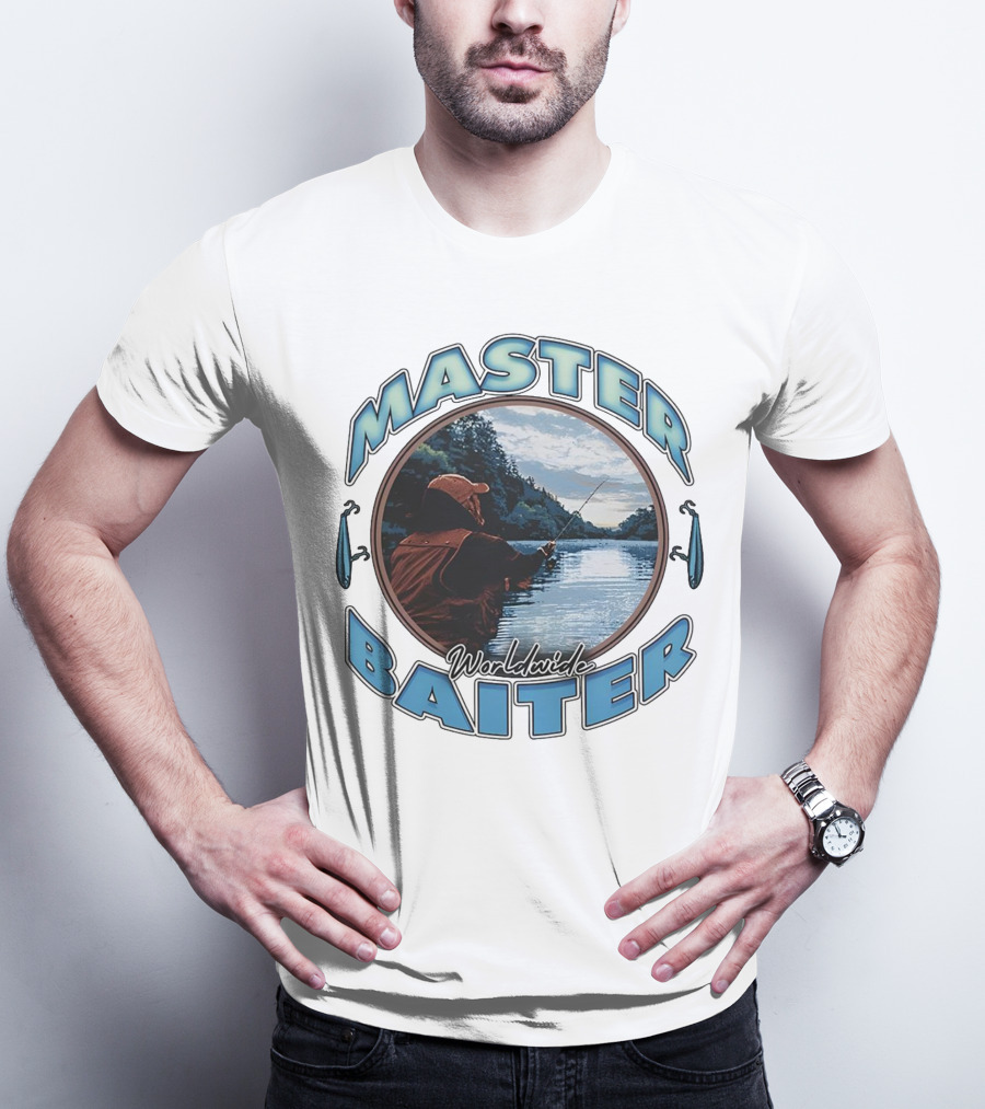 Master Baiter Worldwide Fishing Scene With Blue Text And Water Reflection T-Shirt