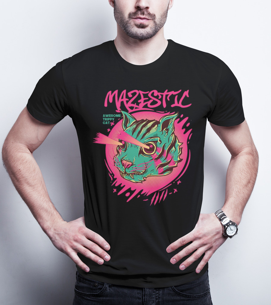 Mazestic Awesome Trippy Cat Psychedelic Neon Laser Eyes T-Shirt