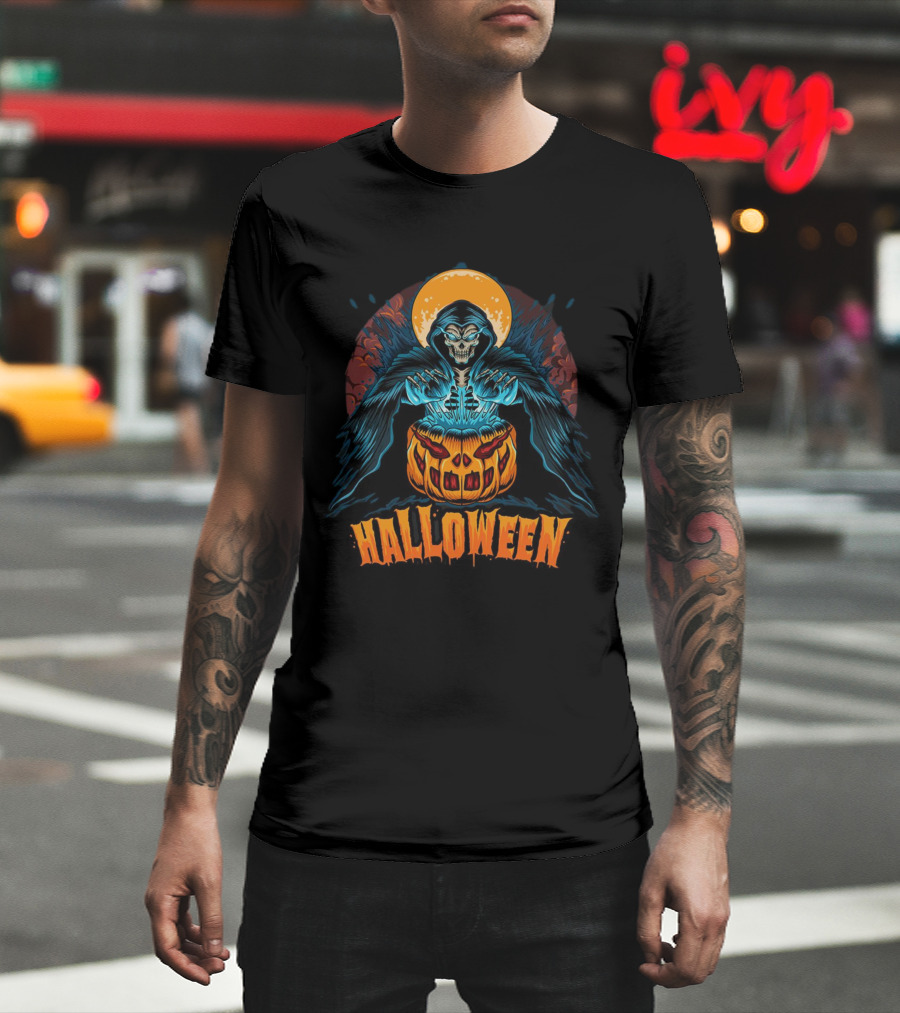 Grim Reaper With Pumpkin And Full Moon Halloween T-Shirt