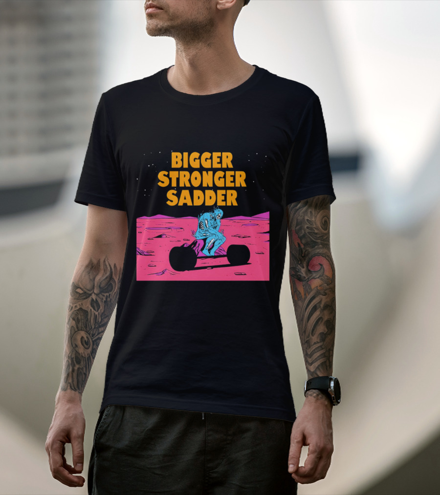 Bigger Stronger Sadder Skeleton Lifting Weights On Alien Planet T-Shirt