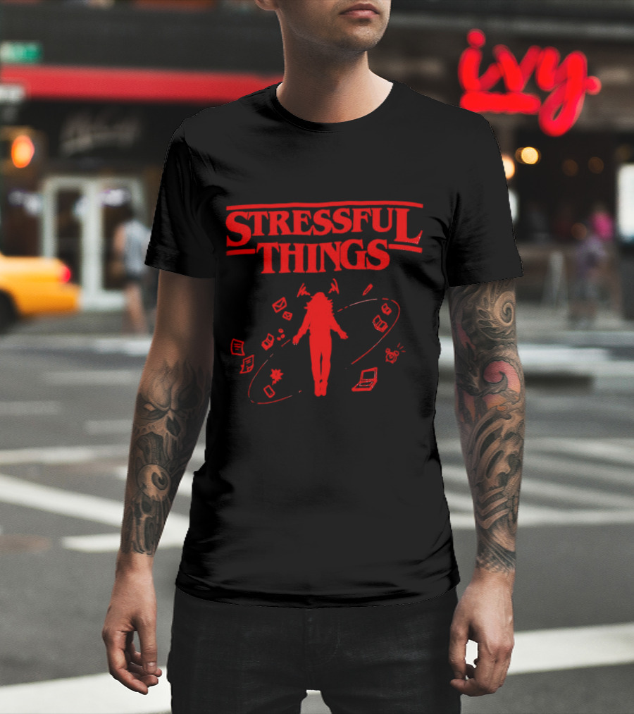Stressful Things Floating Person With Scribbles And Electronics T-Shirt