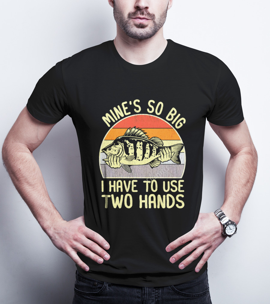 Vintage Fish Mine's So Big I Have To Use Two Hands Retro Sunset Stripes T-Shirt
