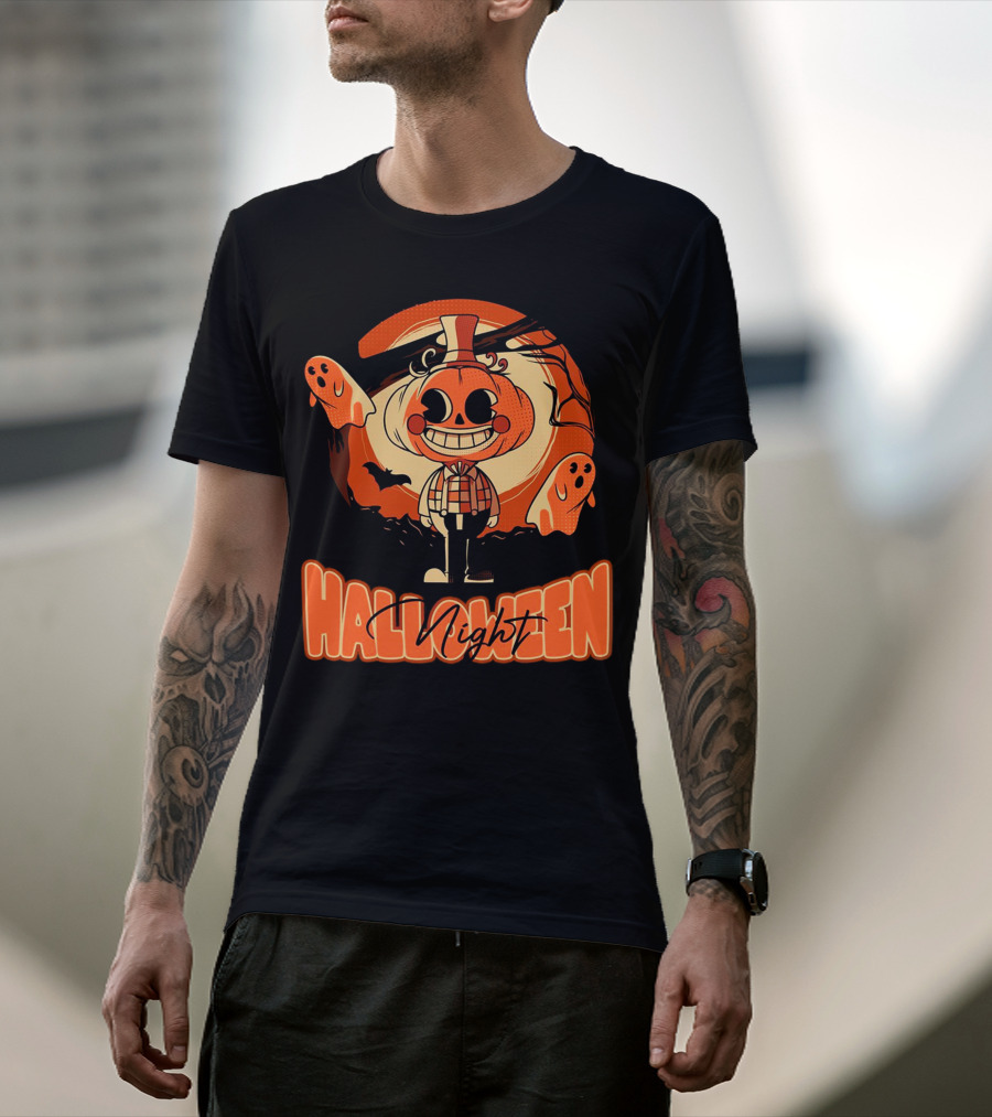 Halloween Night Pumpkin Head Boy With Ghosts And Bats T-Shirt
